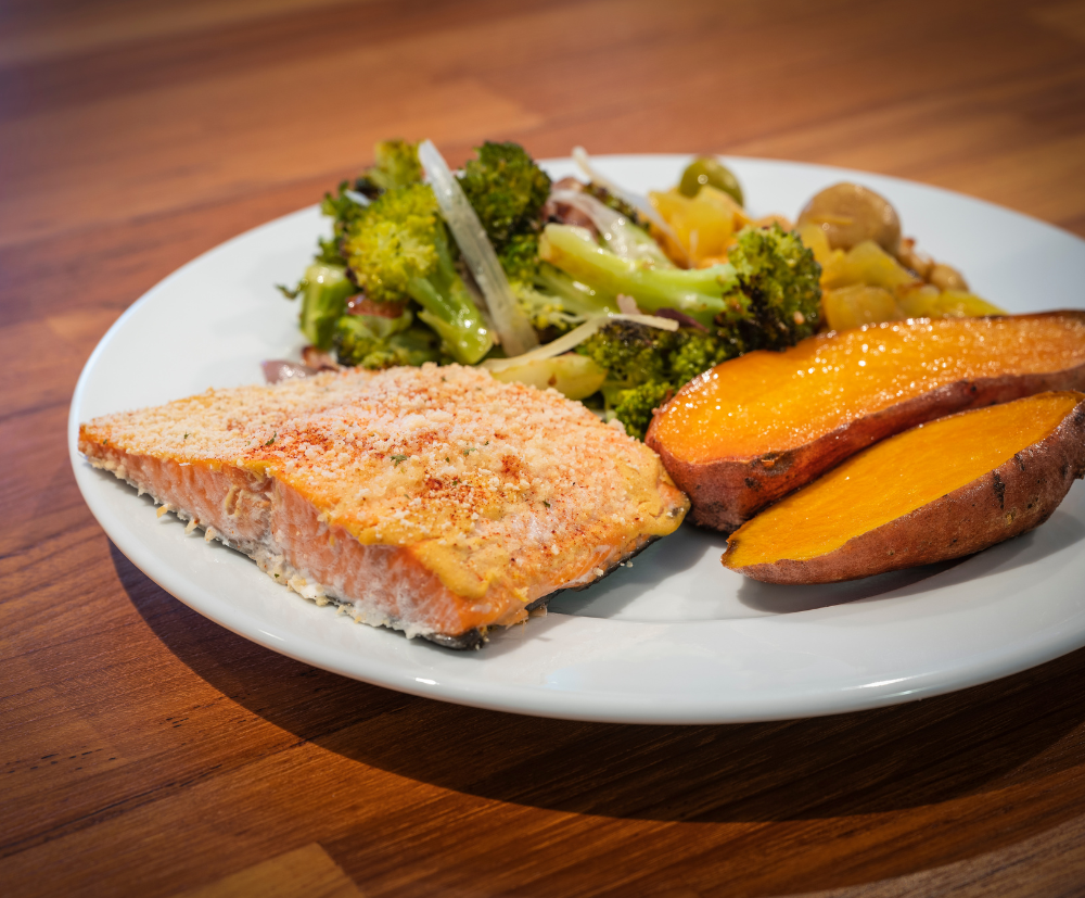Tasty Tuesday: Baked salmon with roasted sweet potatoes and steamed ...
